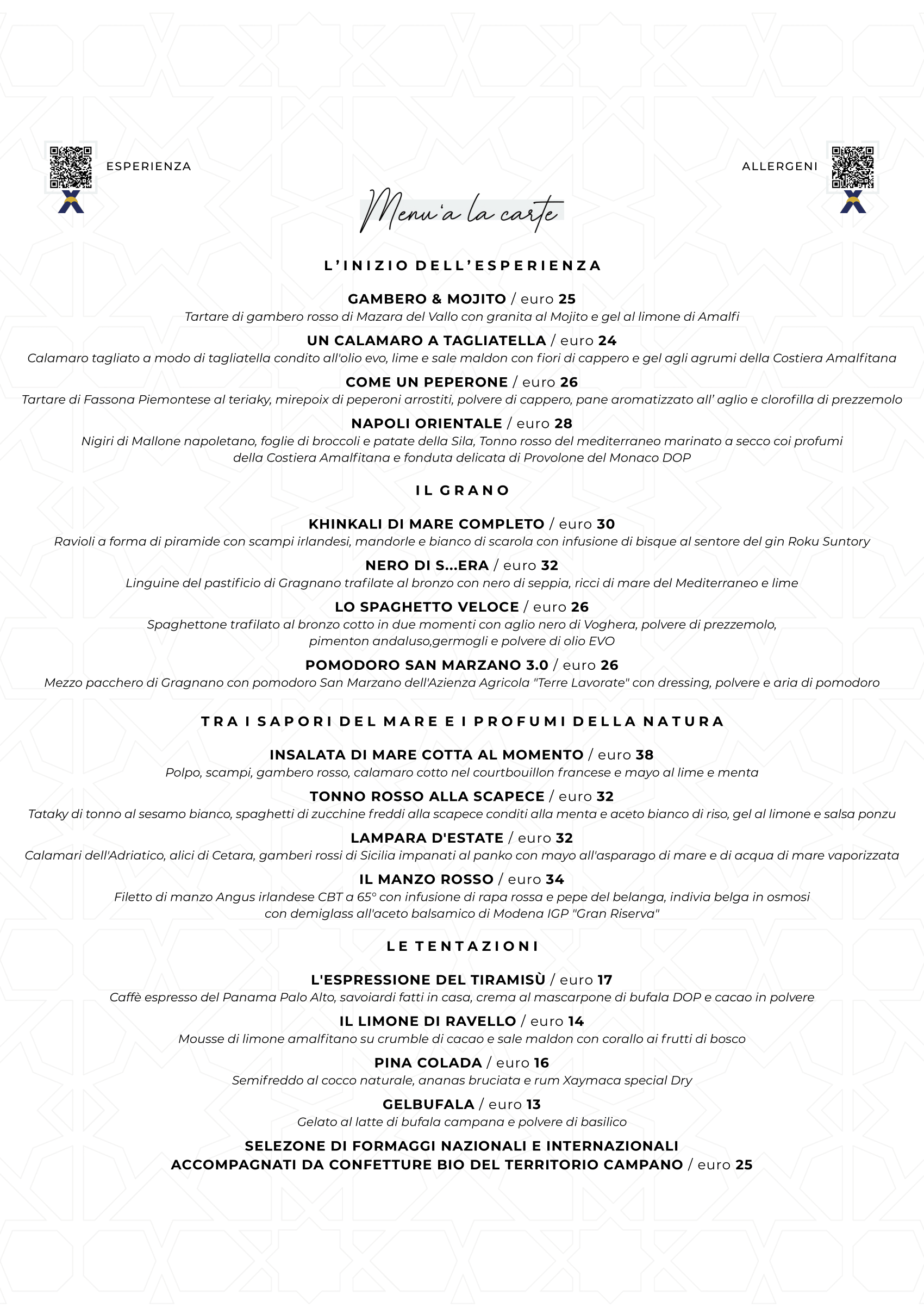 Menu alla carta - Villa La Rondinaia